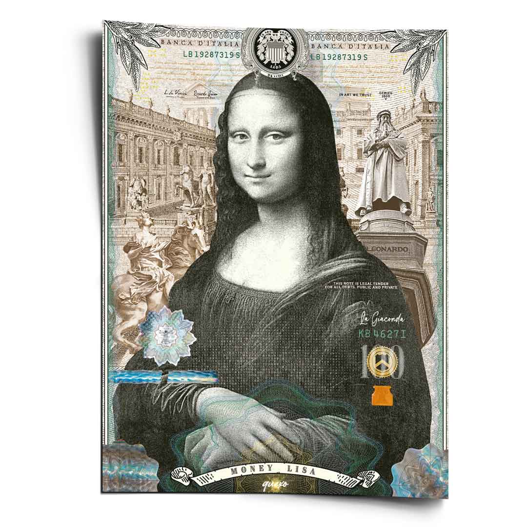 Poster Money Lisa Mona Lisa Portrait beige Geld Kunstdruck Wandbild