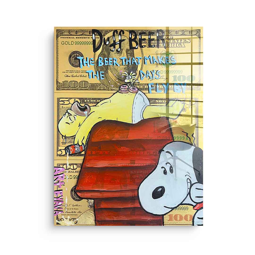 Acrylgflasbild Duff Beer Magic Couch Potato Snoopy gold Dollarschein