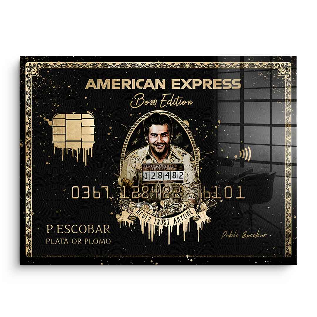 Acrylic Glass Art Pablo Escobar American Express AMEX Card black gold