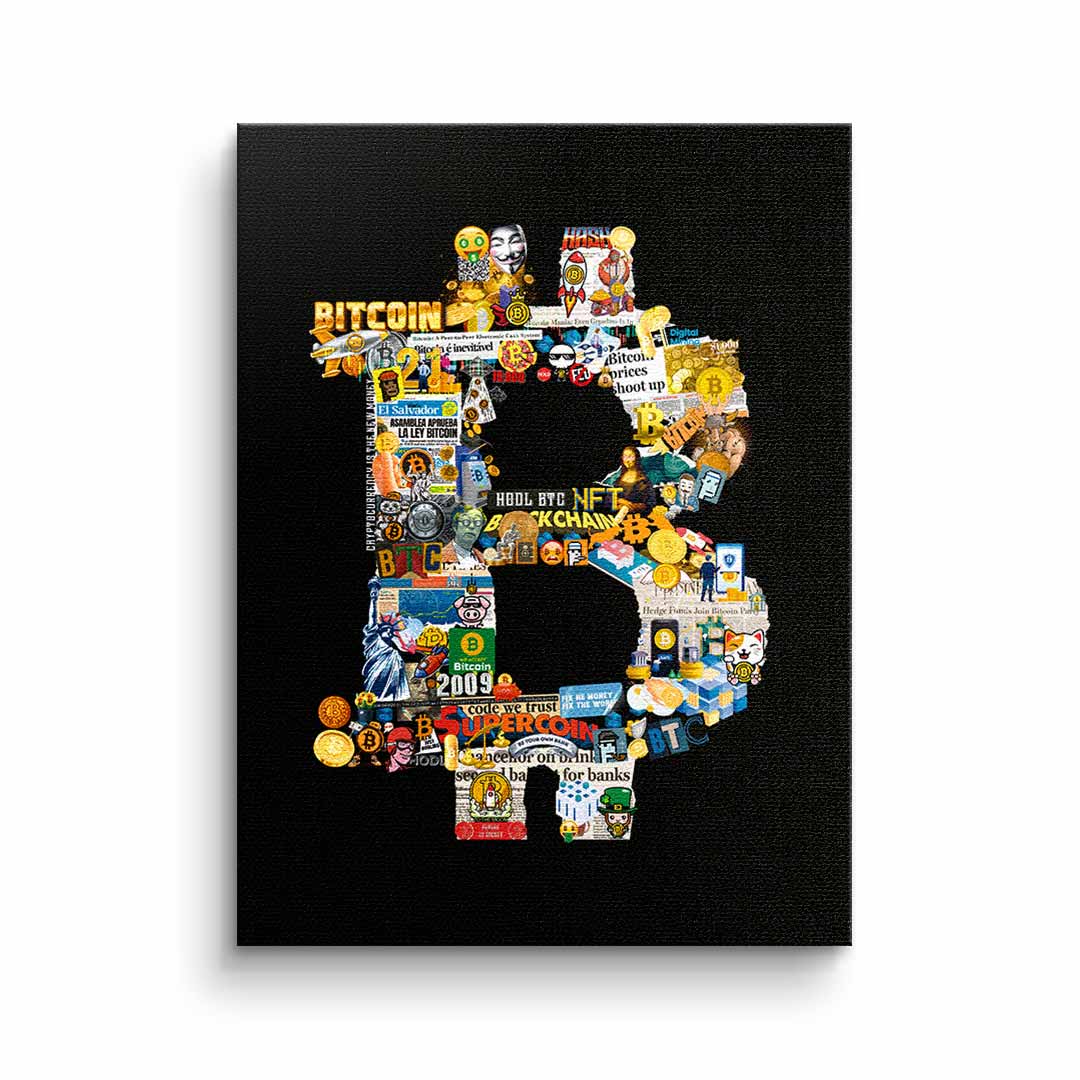 Leinwandbild Bitcoin Pop Art crypto schwarz Geld collage DOTCOMCANVAS