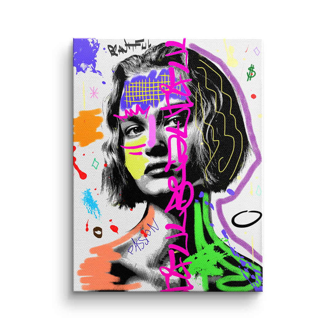 Leinwandbild Pop Art Graffiti Lady Power weiß mit premium Rahmen ...